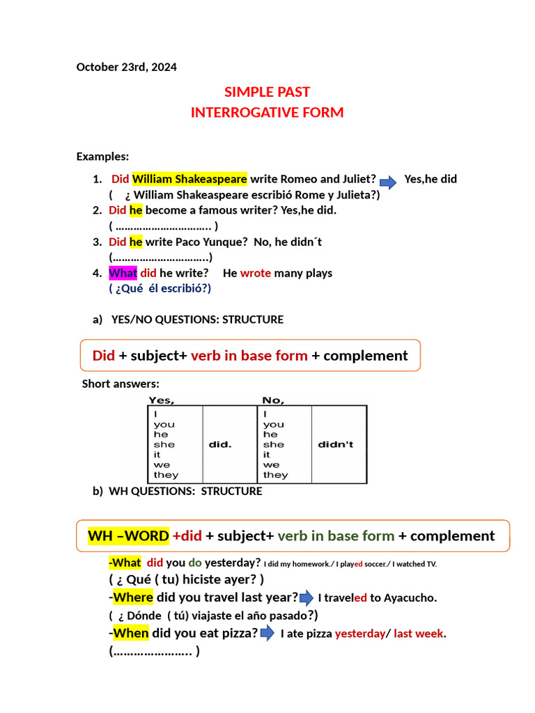 simple past interrogative form class | PDF