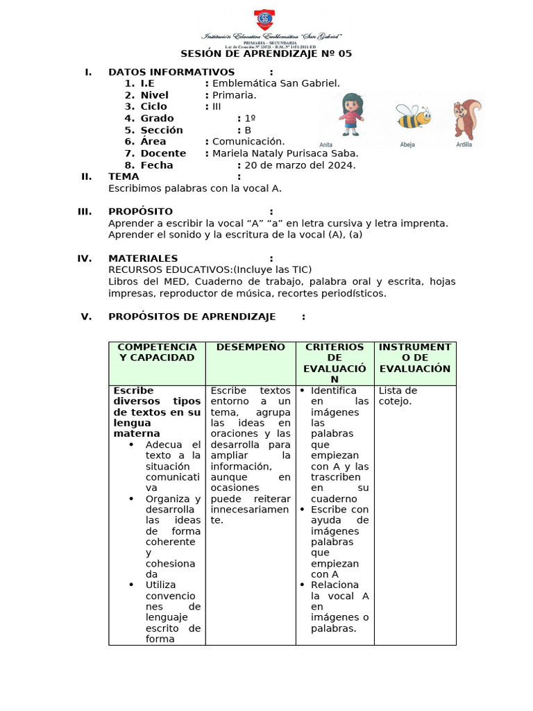 Aprendiendo la Vocal A en 1º Grado | PDF | Escritura | Comunicación humana