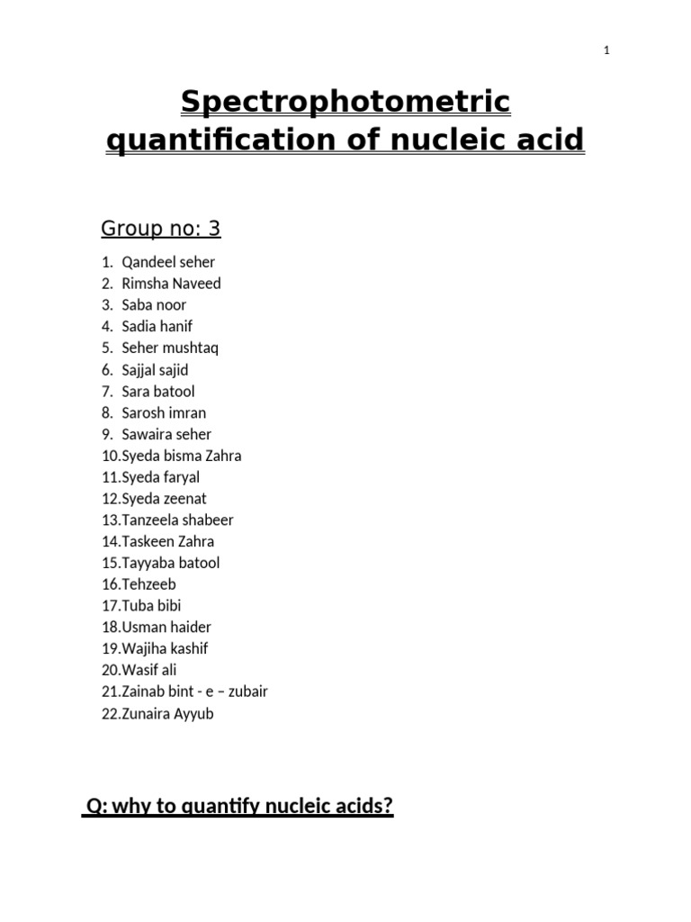 Spectrophotometric Quantification of Nucleic Acid | PDF | Spectrophotometry | Biology