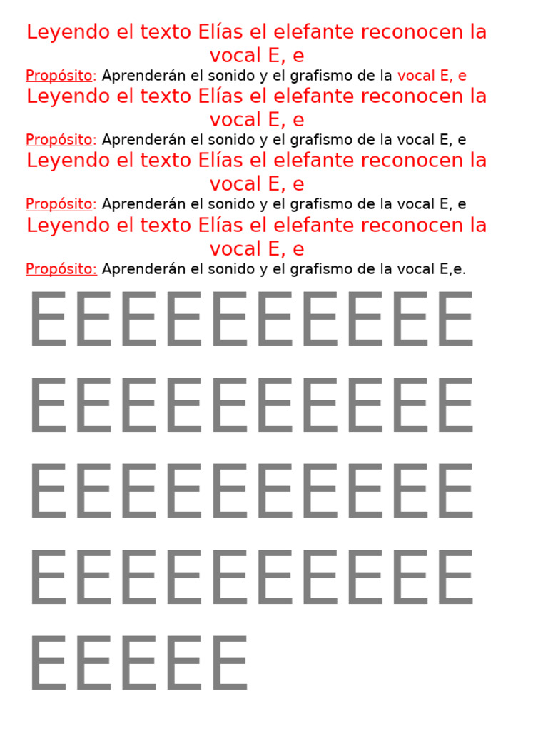 Leyendo El Texto Elías El Elefante Reconocen La Vocal E | PDF ...