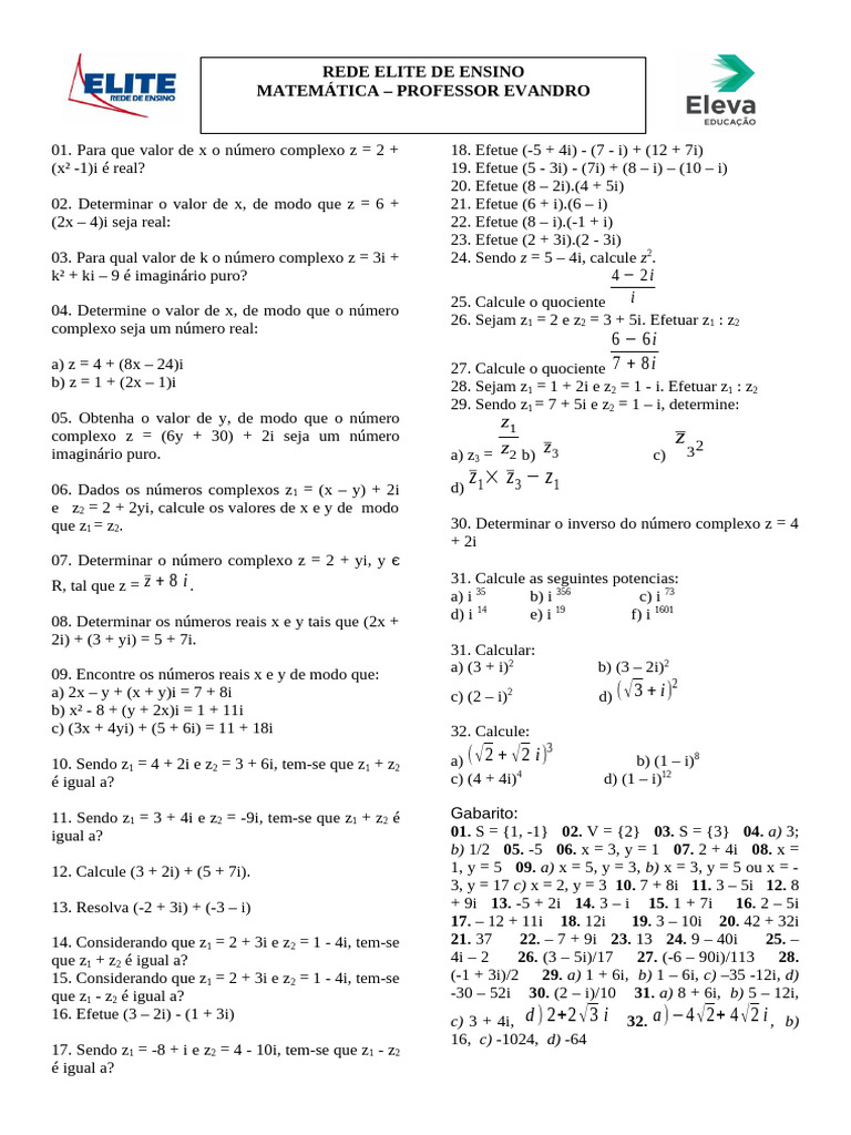 Exercício Complexos - Forma Algébrica | PDF | Matemática | Aritmética