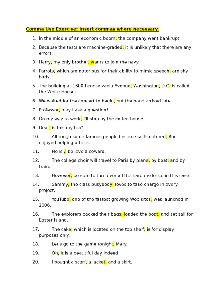 Comma Use Exercise | PDF