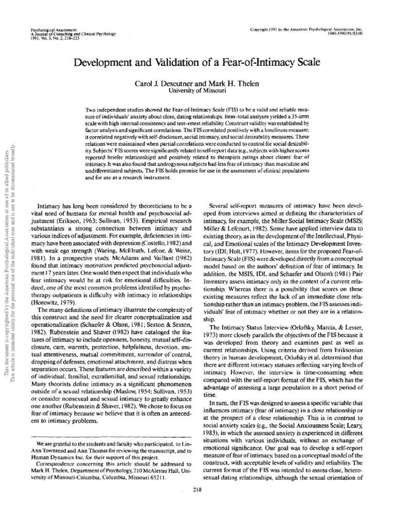 Fear of Intimacy Scale - 0 | PDF | Intimate Relationships | Emotions