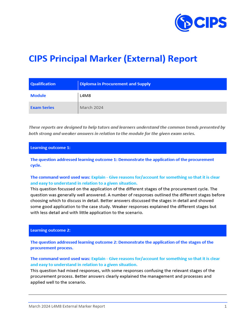 CIPS L4M8 Exam Insights | PDF | Procurement | Question