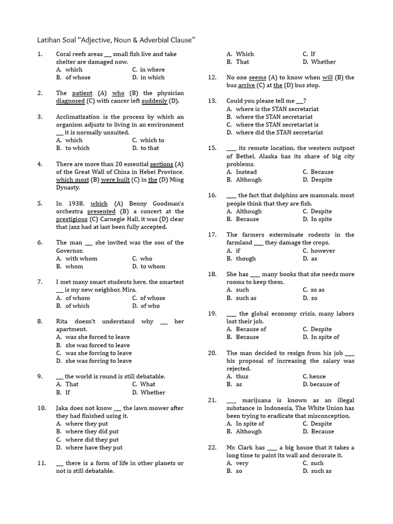 Adjective, Noun & Adverb Clause Exercises | PDF | Syntax