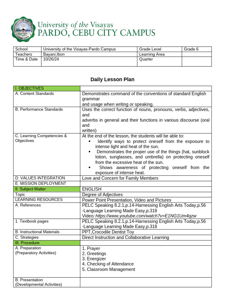 g6 Lesson Plan NEED | PDF | Adjective | English Language