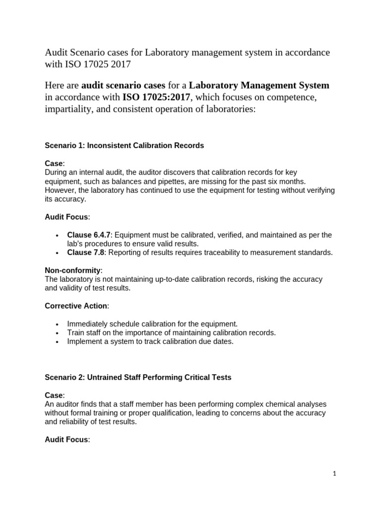 ISO 17025 Audit Scenarios for Labs | PDF | Audit | Calibration