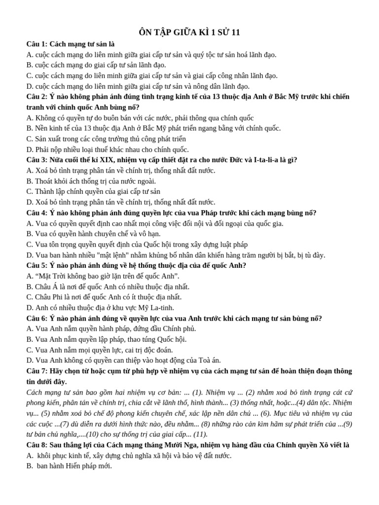 Ôn tập GK1 Sử 11- HS | PDF