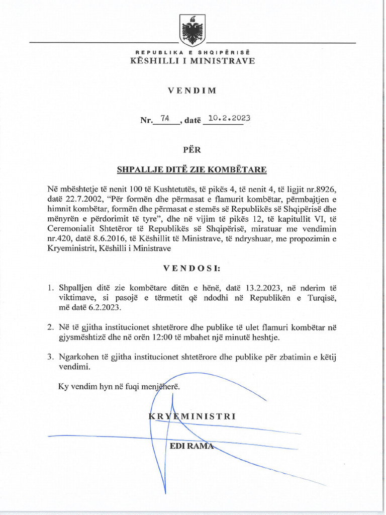 VKM 74 Date 10.02.2023 - Per Shpallje Dite Zie Kombetare | PDF