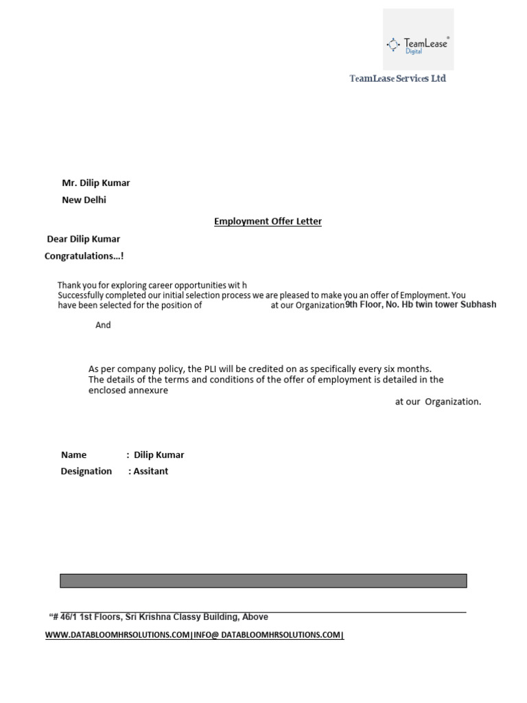 Dilip Kumar M Offer Letter 01 | PDF | Employment | Salary