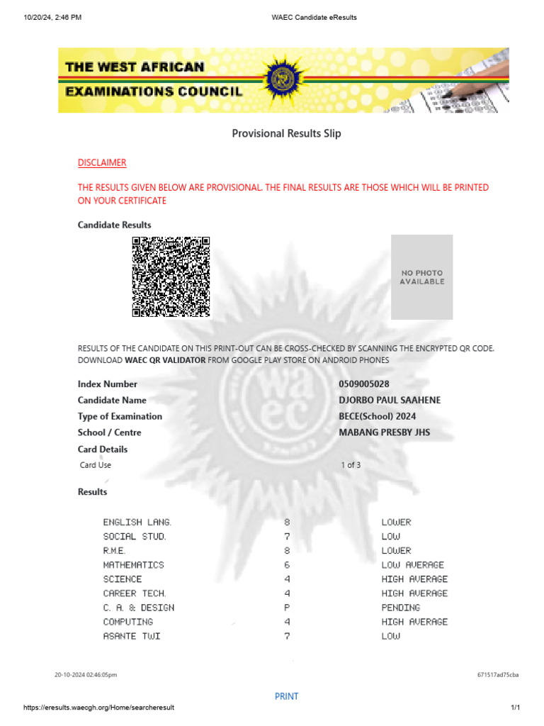 WAEC Candidate Eresults | PDF