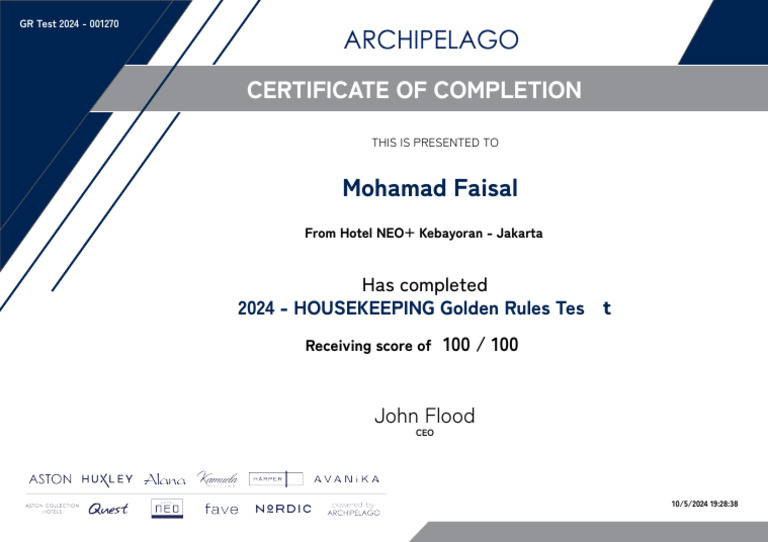 Mohamad Faisal - HOUSEKEEPING Golden Rules Test 2024 | PDF
