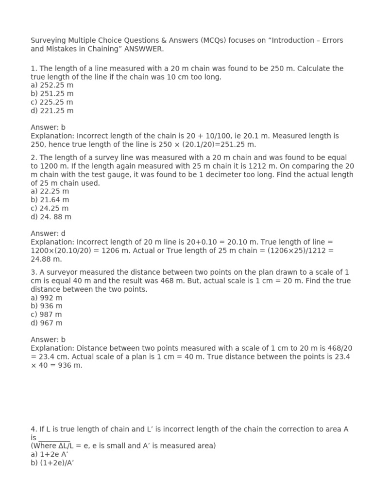 10SURVEYING MCQ Introduction Errors and Mistakes in Chaining ANSWER1 ...