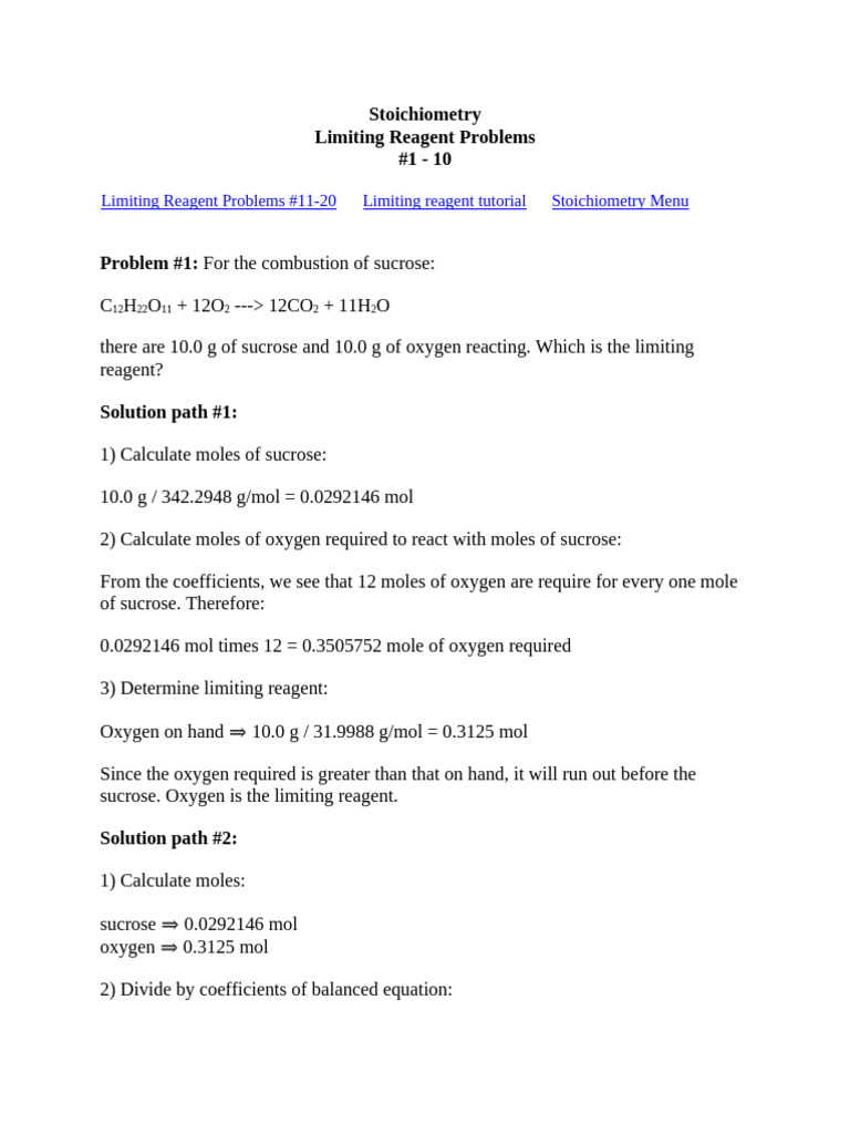 Stoichiometry Limiting Reagents | PDF | Stoichiometry | Mole (Unit)