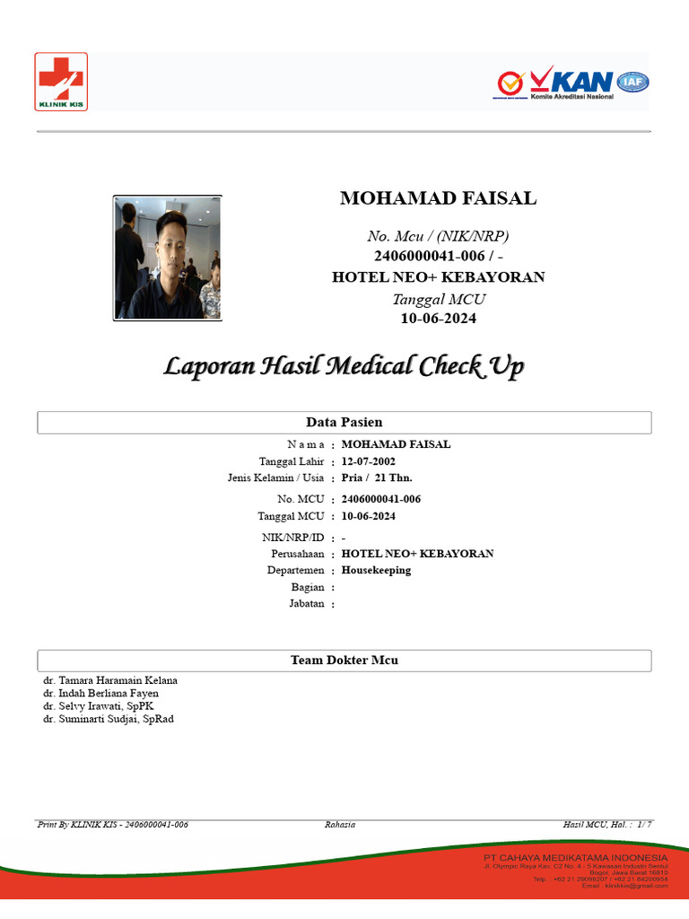 Laporan Hasil Pemeriksaan Kesehatan Mohamad Faisal | PDF