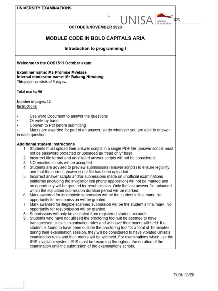 COS1511 Special Exam Oct 2023 | PDF | Plagiarism | Computing