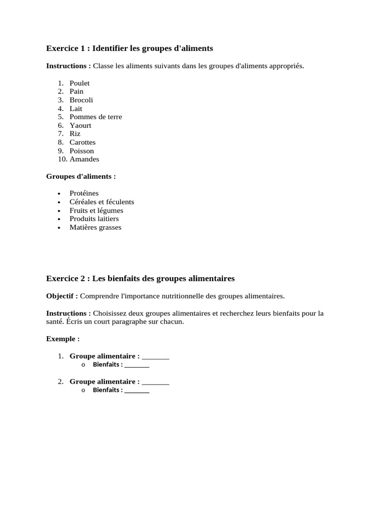 Exercice Groupes Alimentaires | PDF | Bien-être