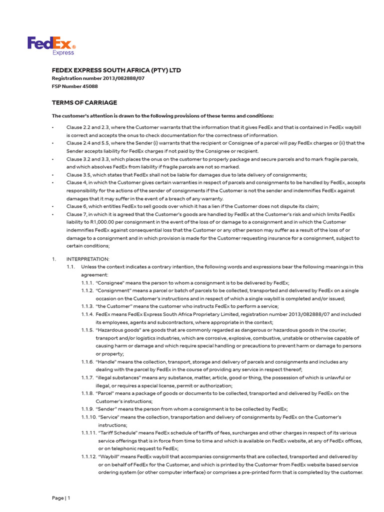 FedEx_Conditions_of_Contract_ZA | PDF | Insurance | Fee