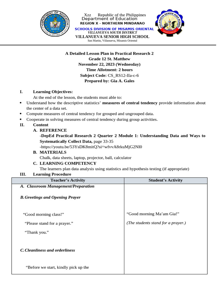 Final Shortened Detailed Lesson Plan Cot November 2023 pr2 | PDF | Mean | Mode (Statistics)