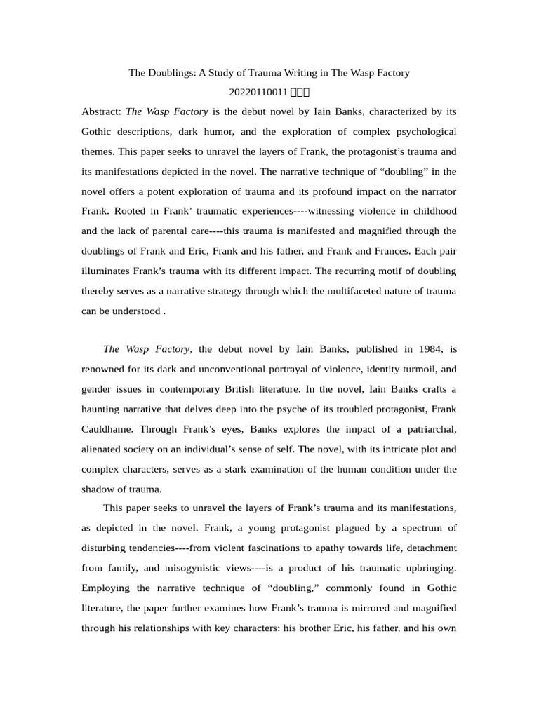 The Doublings A Study of Trauma Writing in The Wasp Factory | PDF ...