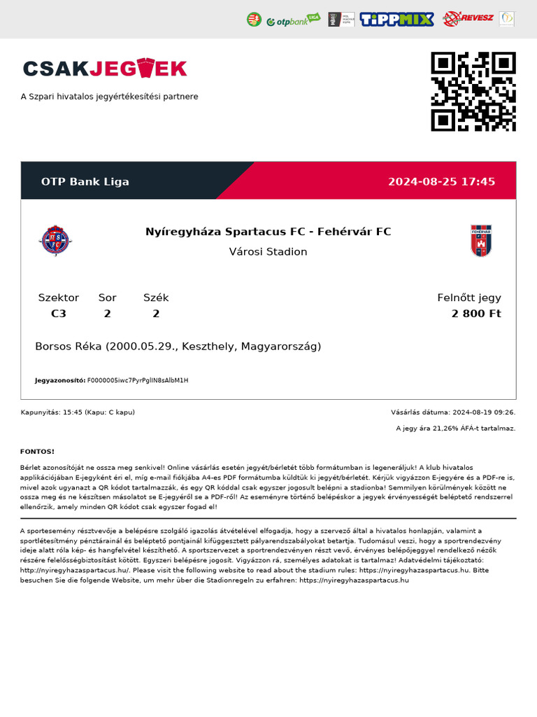 Jegy - Szektor C3 - Sor 2 - Szék 2 | PDF