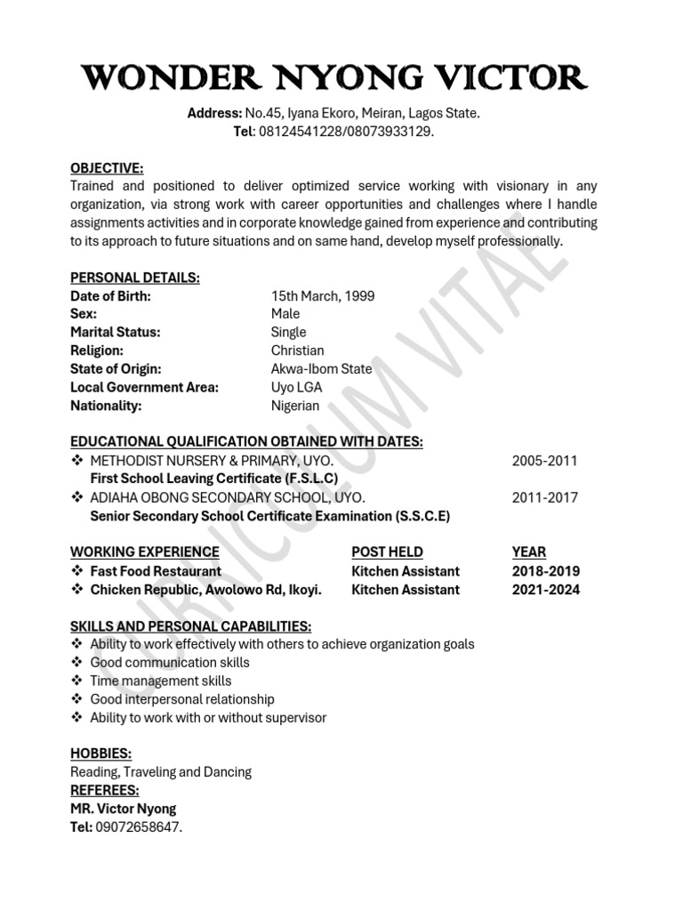 Wonder Nyong Victor CV | PDF | Wellness