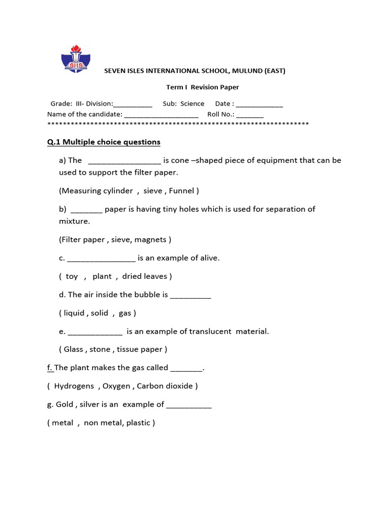 Grade 3 Science Term 1 Revision Paper | PDF | Climate Change | Atmosphere