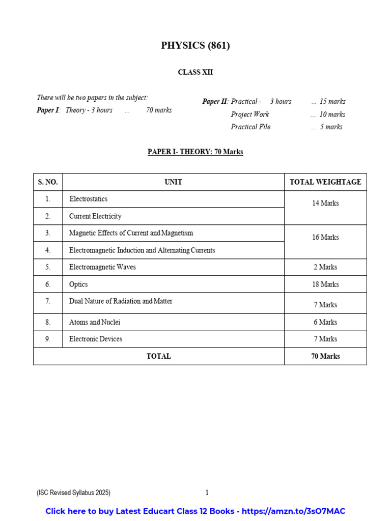 ISC Class 12 Physics Syllabus 2025 | PDF | Inductance | Magnetic Field