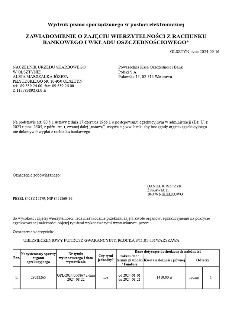 Wydruk Pisma Sporządzonego W Postaci Elektronicznej Zawiadomienie O Zajęciu Wierzytelności Z ...