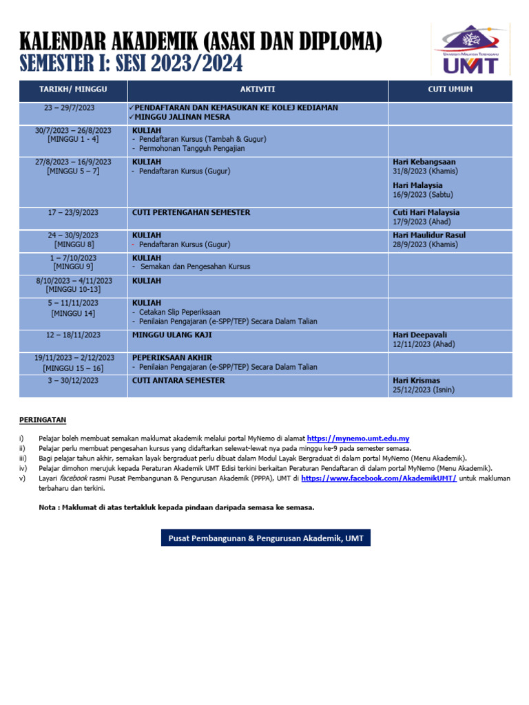 UMT Academic Calendar 2023/2024 | PDF | Academic Term | Public Services