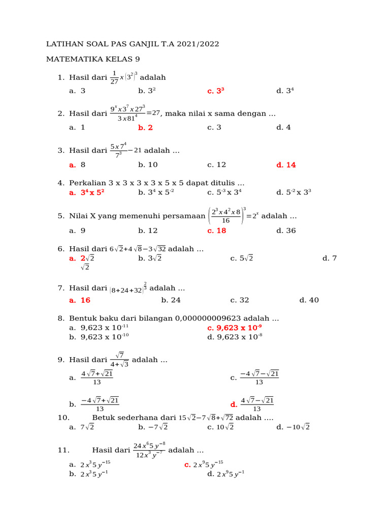 (Grade9) Latihan Soal Matematika PAS Ganjil 2021-2022 | PDF | Metode & Bahan Ajar