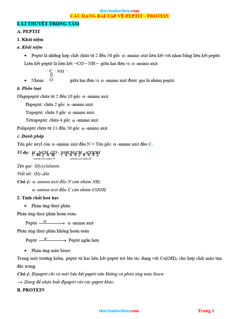 Cac Dang Bai Tap Ve PEPTIT PROTEIN | PDF