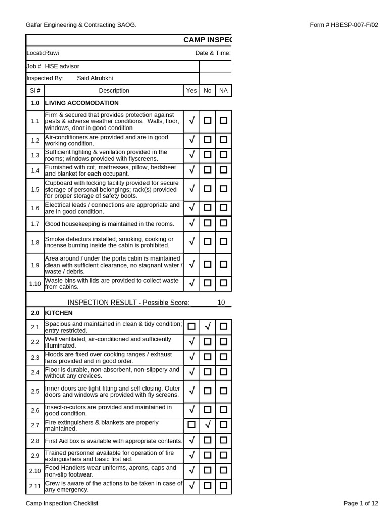 Camp Inspection Checklist 2024 (Ruwi) September ) | PDF | Refrigerator