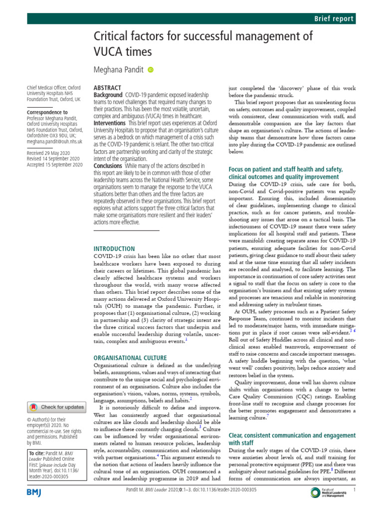 Pandit Critical Factors For VUCA Times 2020 | PDF | National Health ...