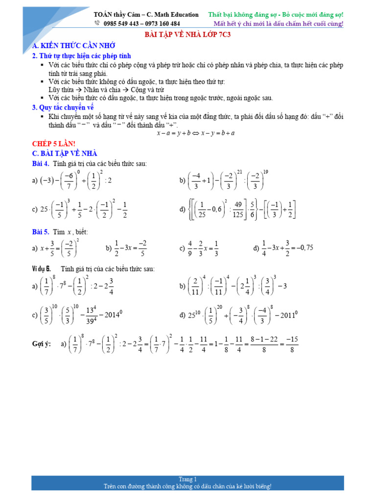 7C3. BTVN. DS7. C1. BÀI 4. THỨ TỰ THỰC HIỆN PHÉP TÍNH. QUY TẮC CHUYỂN ...