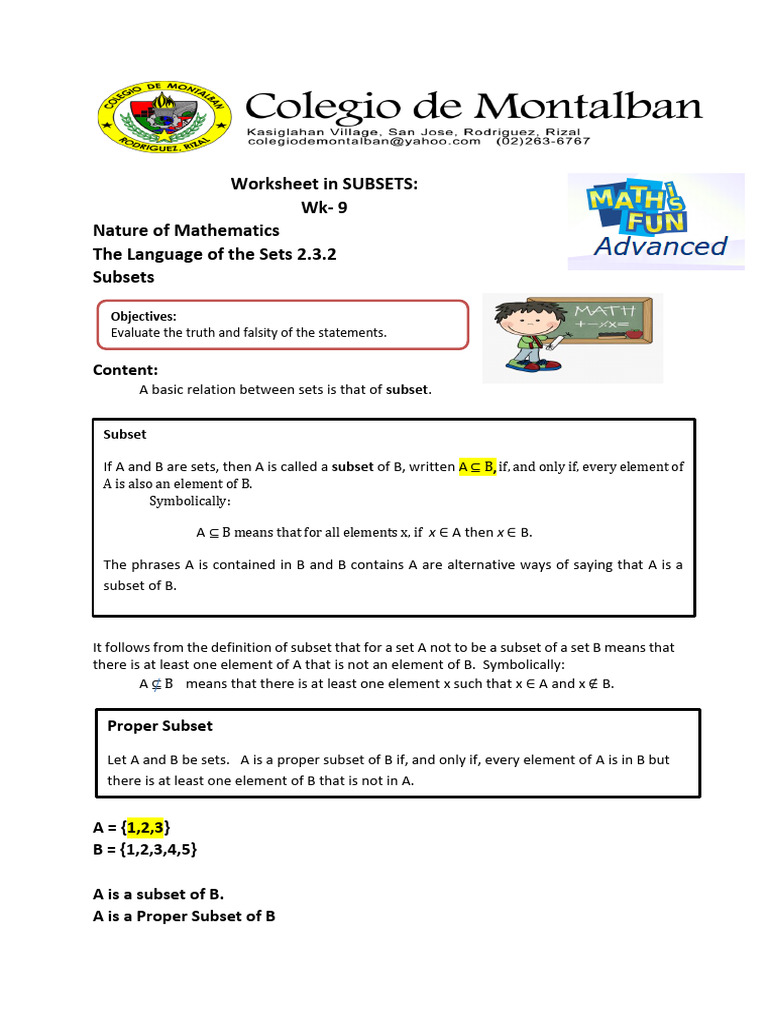 11a. Worksheet 8 The Language of Sets Subsets Edited 15 Sept 24 | PDF ...