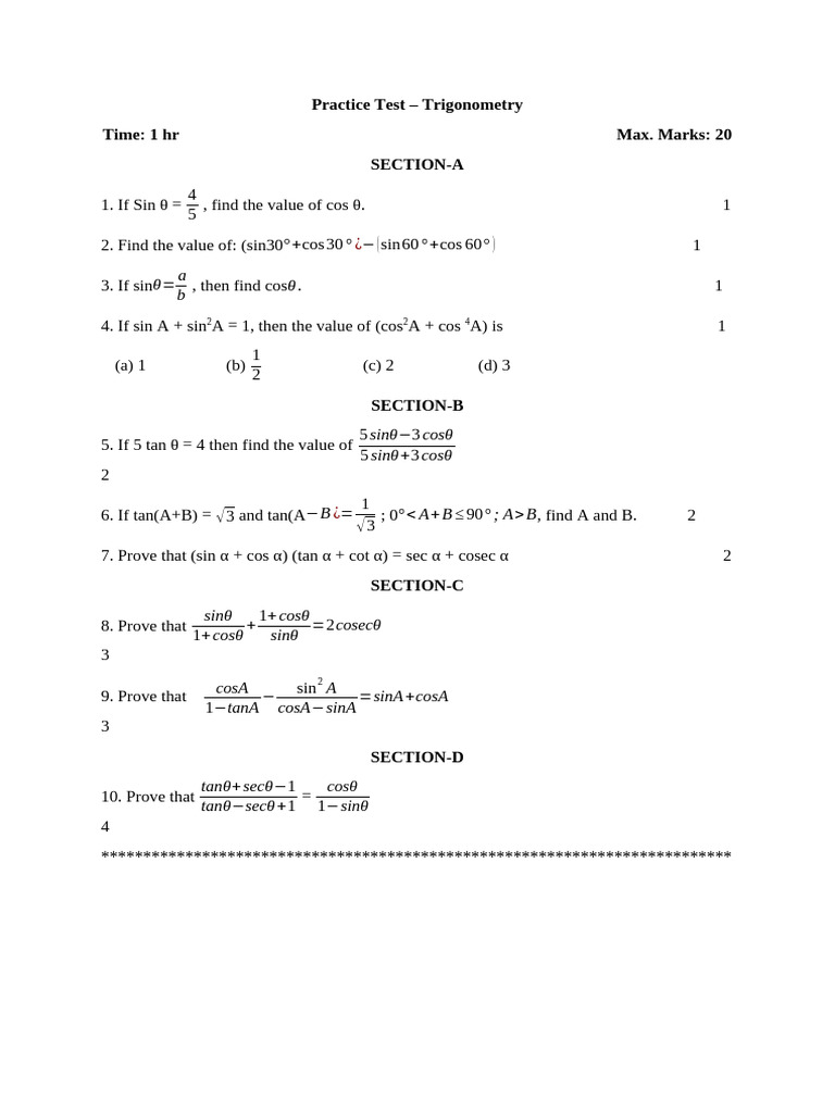 Practice Test - Trigonometry | PDF