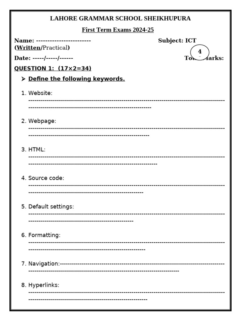 ICT Exam Questions for Lahore Grammar School | PDF | Html Element ...