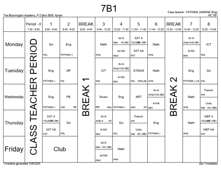 Timetable of Each Class - Secondary - 6 - Oct-11 | PDF