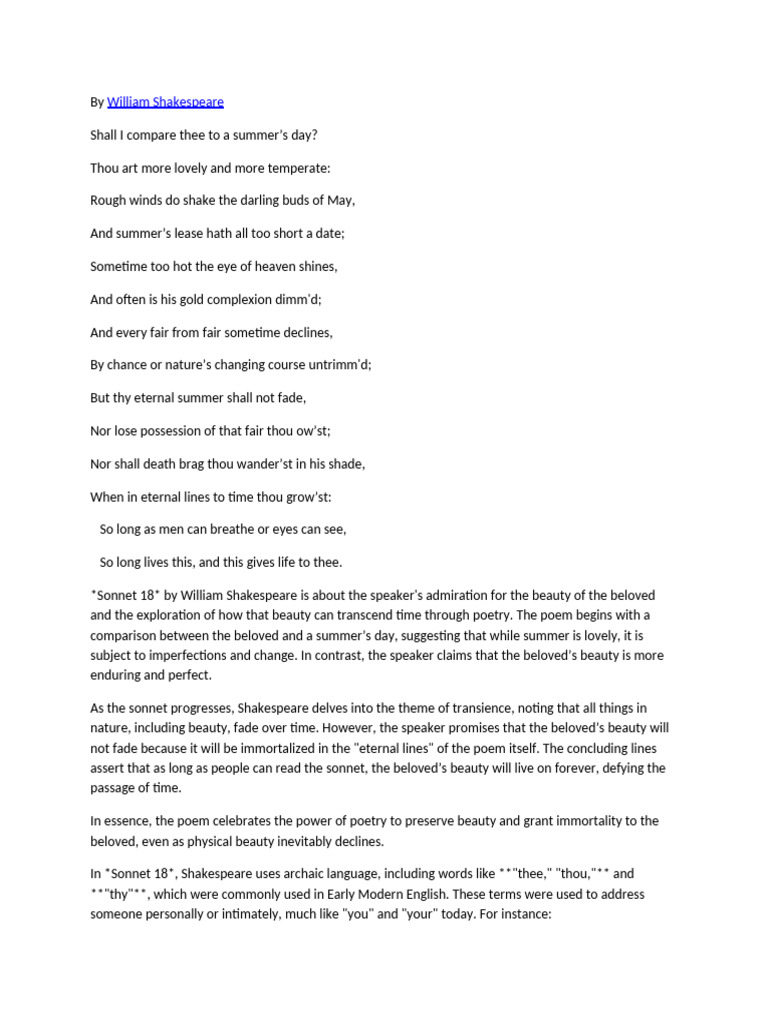 Shakespeare's Sonnet 18 Analysis | PDF | Thou | Poetry