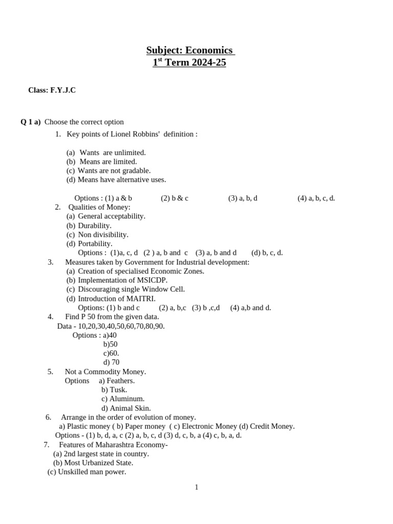 revised question bank -24, Economics, 11 std | PDF | Money | Cash