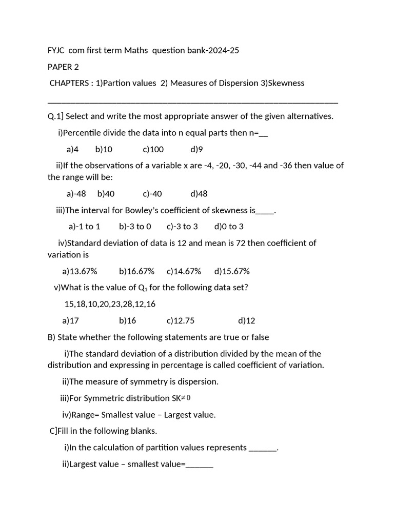 Xi Com First Term Maths QB 2024-25 | PDF | Skewness | Mean