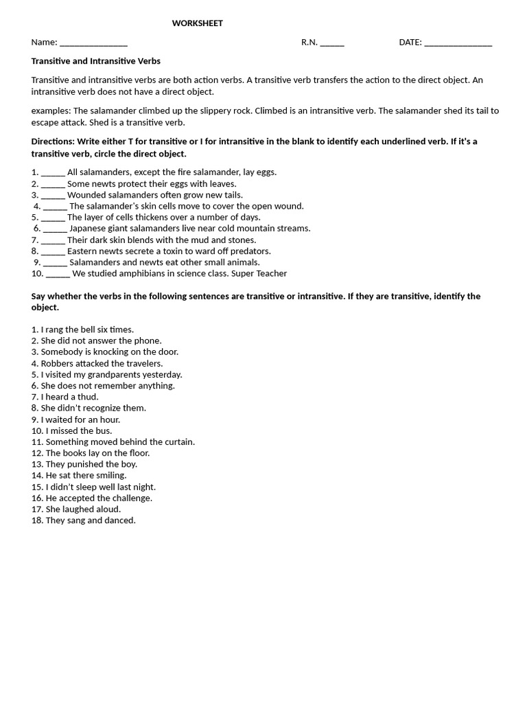 WORKSHEET TRANSITIVE INTRANSITIVE VERBS | PDF