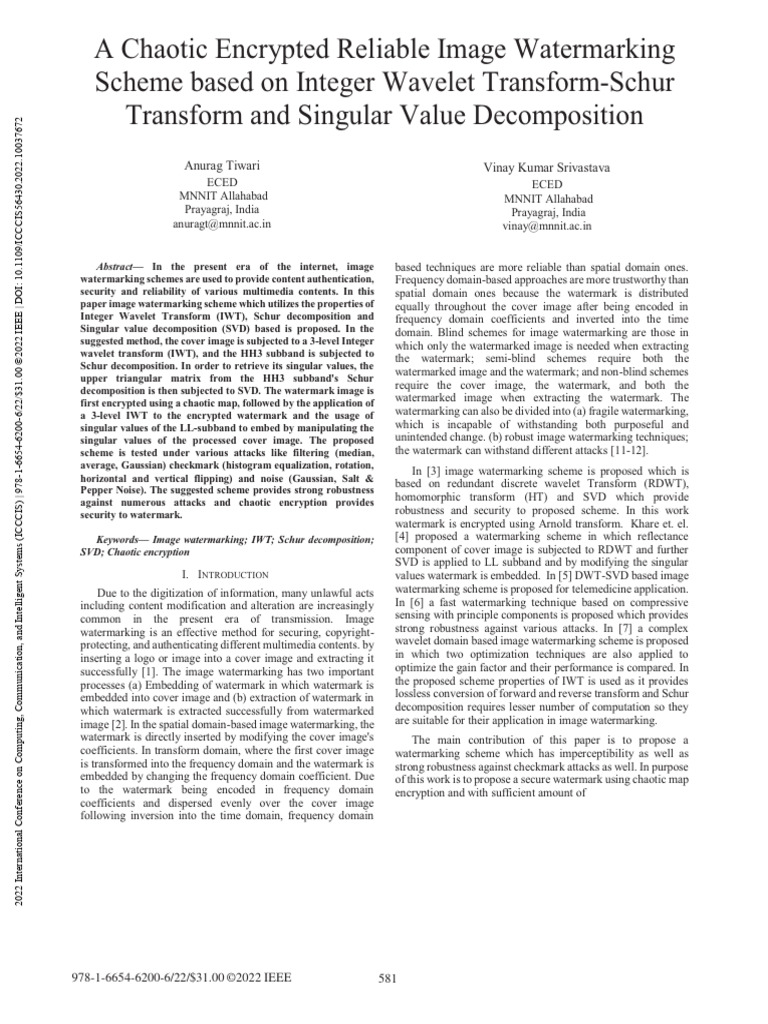 A Chaotic Encrypted Reliable Image Watermarking | PDF | Matrix (Mathematics) | Wavelet
