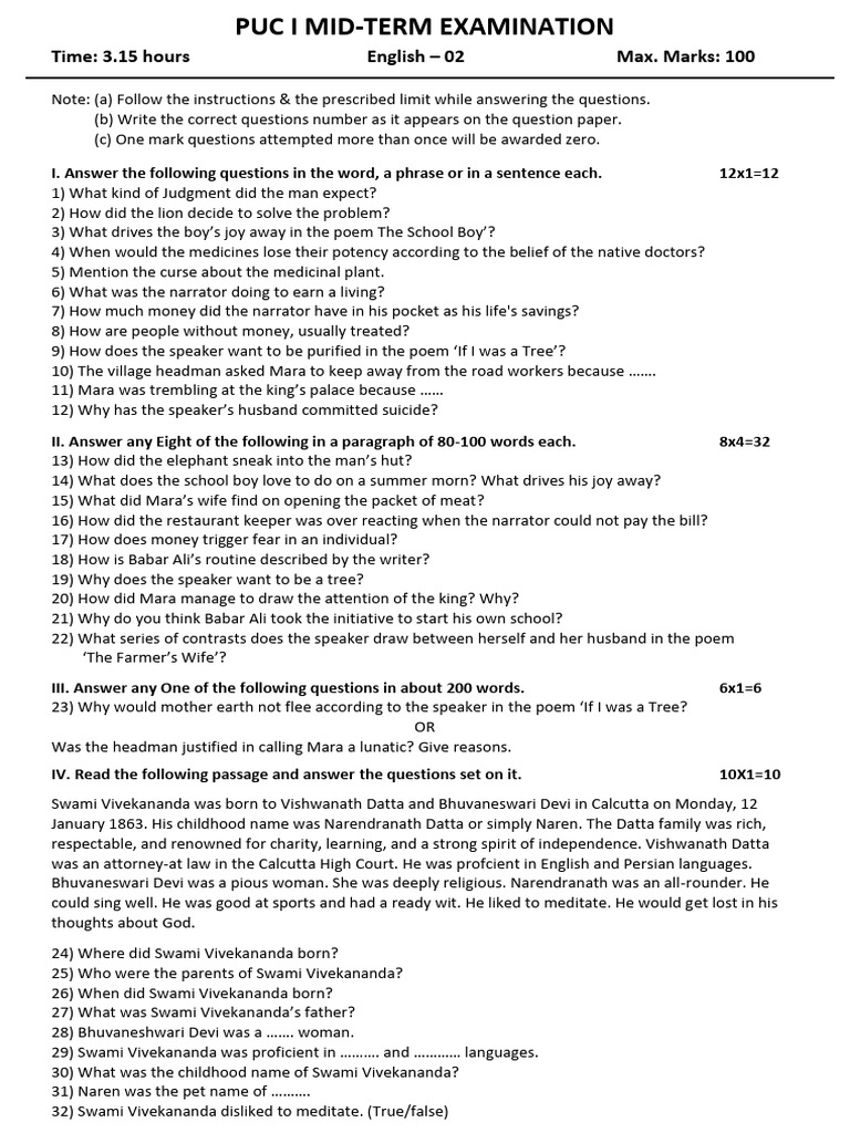 Mid-term-QP-PUC-I | PDF | Swami Vivekananda