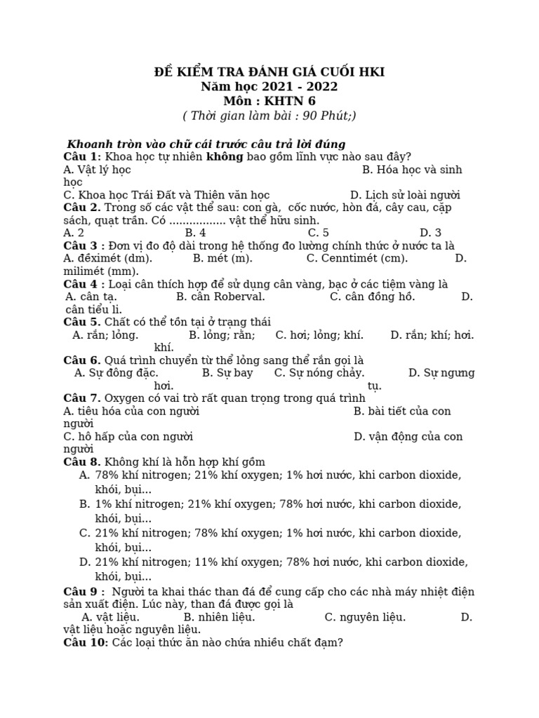 De Thi Hoc Ki 1 KHTN | PDF