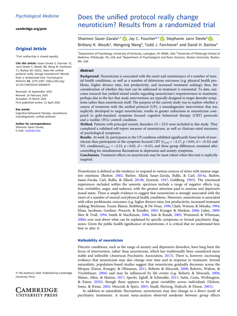 Unified Protocol's Impact on Neuroticism | PDF | Cognitive Behavioral ...