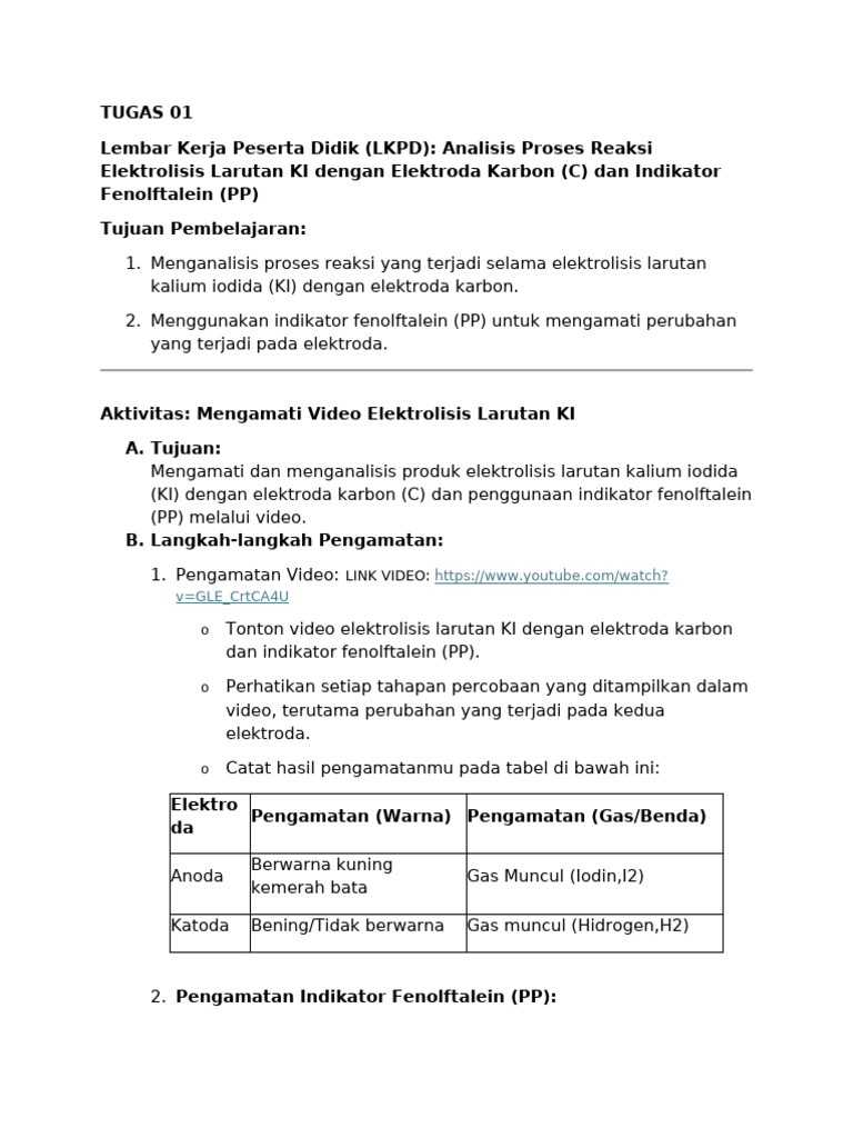 Tugas 01 LKPD Analisis Elektrolisis KI | PDF