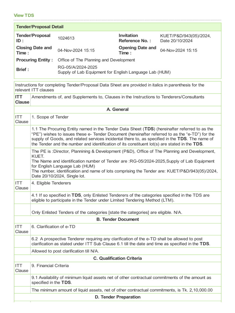 Section2 - Tender Data Sheet (TDS) | PDF | Economies | Government Finances