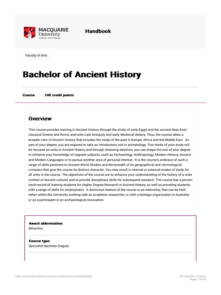 Bachelor of Ancient History Overview | PDF | Educational Assessment ...